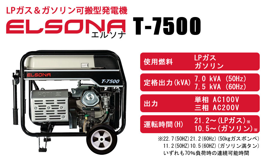 可搬式小型発電機ELSONA T-7500｜サバイバルファースト岩本商事